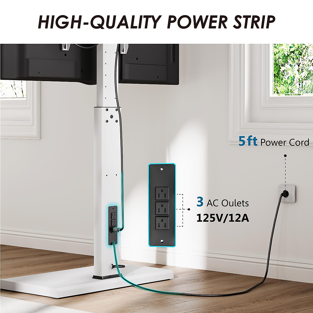 FITUEYES Floor TV Stand with Power Outlet for 26-65 Inch TVs, Swivel TV Stand with Mount Height Adjustable with Iron Base, TV Stand for Bedroom, Living Room Hold Up to 88 lbs, White