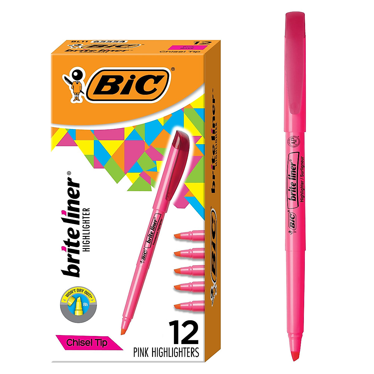 BIC Brite Liner Highlighter, Chisel Tip For Broad Highlighting & Fine Underlining, Pink, 12-Count