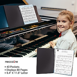 MECCALINE Sheet Music Folder (1 Pack, Black) – 40 Sleeves Display 80 Pages Spiral Binder Organizer for Music Stand – Fits Letter Size 8.5 x 11 Inch – Direct Page Writing with Detachable Name Tag