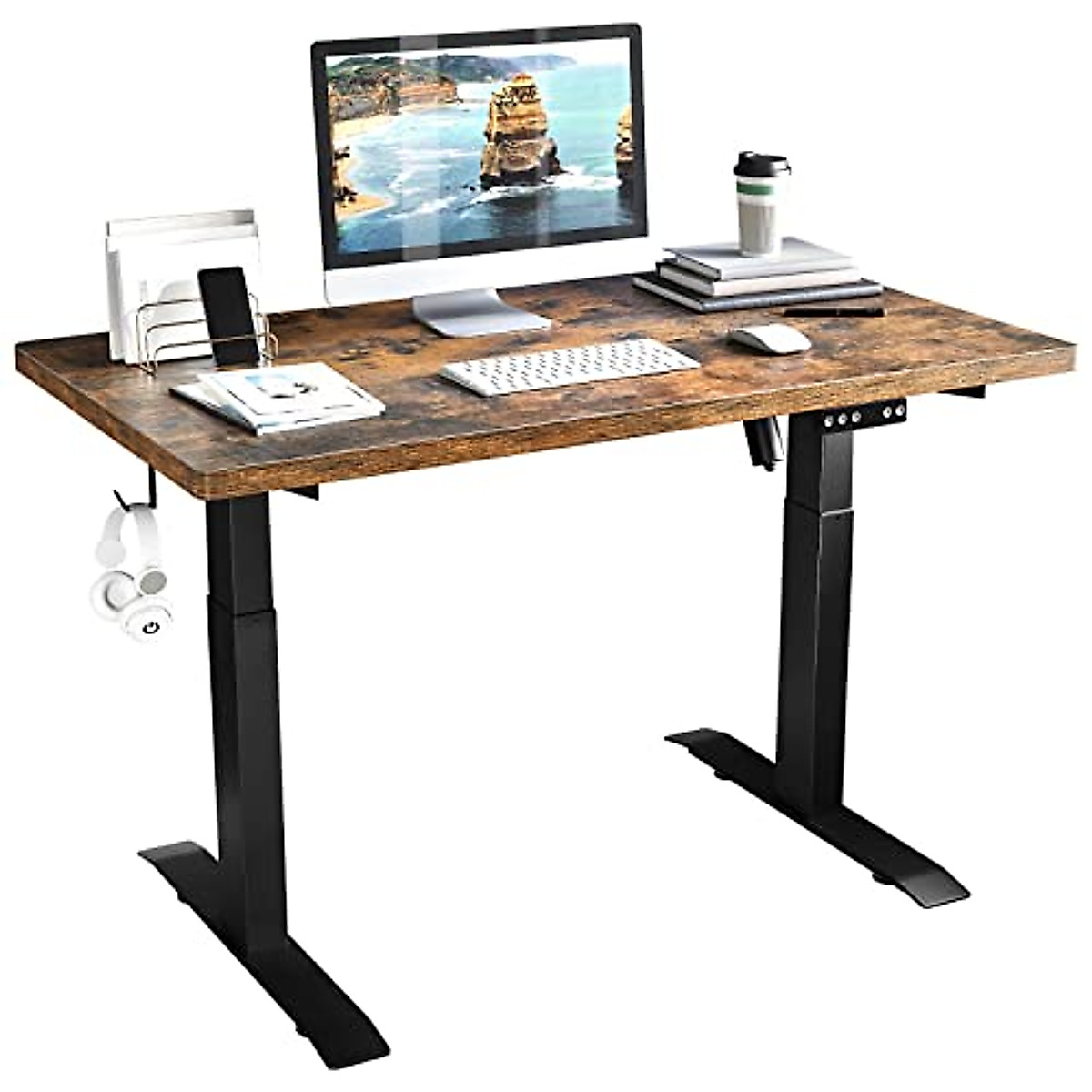 WULEITEX Dual Motor Standing Desk, 48 x 24 Inches Adjustable Height Desk, Stand up Desk, Sit Stand Home Office Desk with Splice Board/Black Frame/Rust Brown