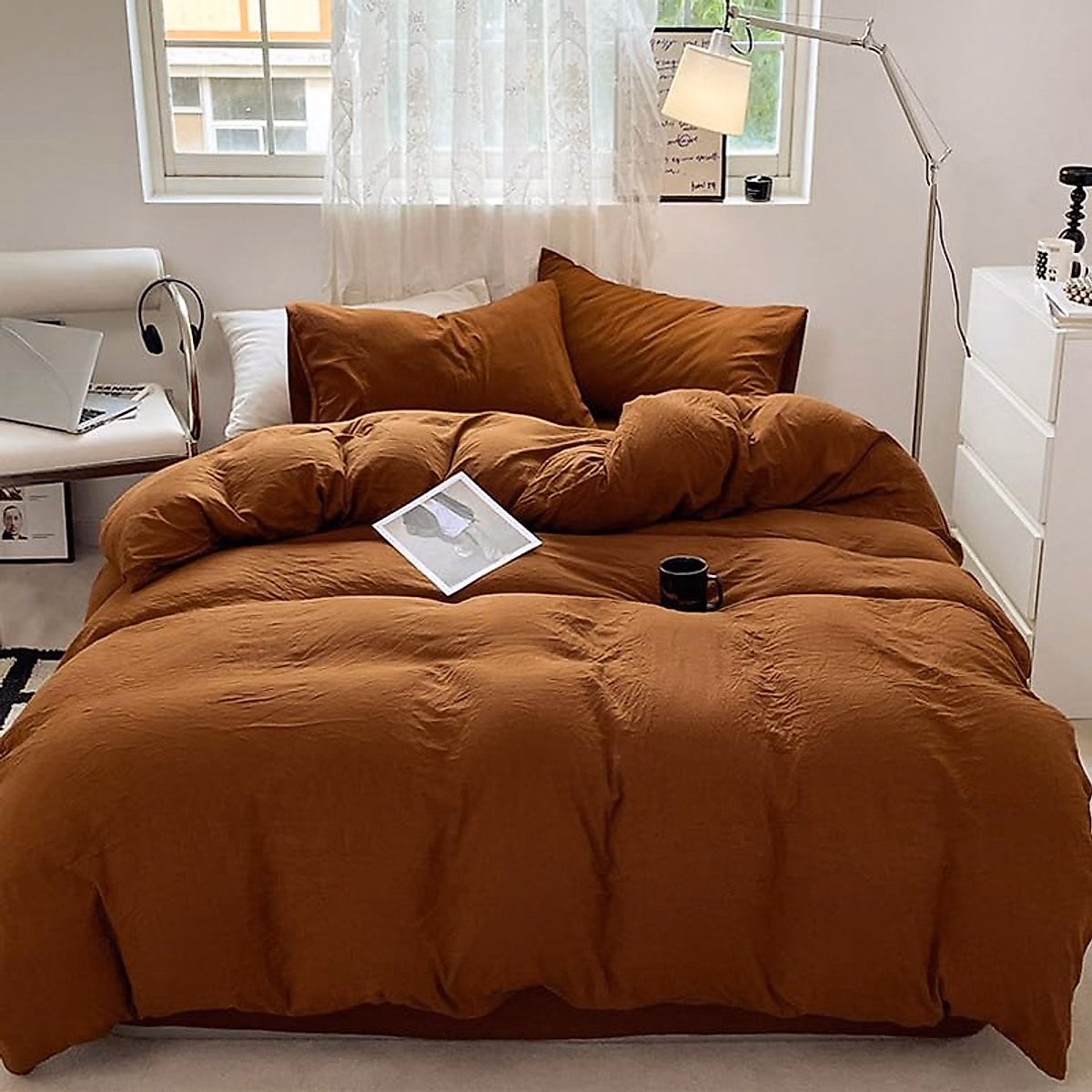 Modern Style Bedding Three Piece Set, Washed Cotton Quilt Cover, Breathable, Durable, Soft and Comfortable with 2 Pillowcases (Brown, Full (80 "x 90"))