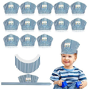 Bonuci 24 Pieces Paper Train Party Hats Train Engineer Hats for Kids Train Party Cosplay, Train Conductor Costume Halloween Blue and White Stripes Train Themed Party Photo Props