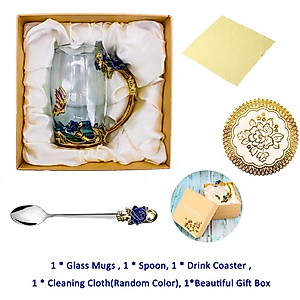 Butterfly Flower Glass Tea Cup, Handmade Enamels Rose Coffee Mugs with Spoon, Personalized Unique Gift for Women Mom Grandma Wife Friends Teacher Birthday Mothers Valentines Day Graduation(Blue-Tall)