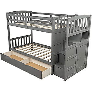 STP-Y Convertible Bunk Bed, Wood Bunk Bed with Storage Shelves and Drawers, Convertible Bottom Bed, Twin Over Twin/Twin Over Full, Grey