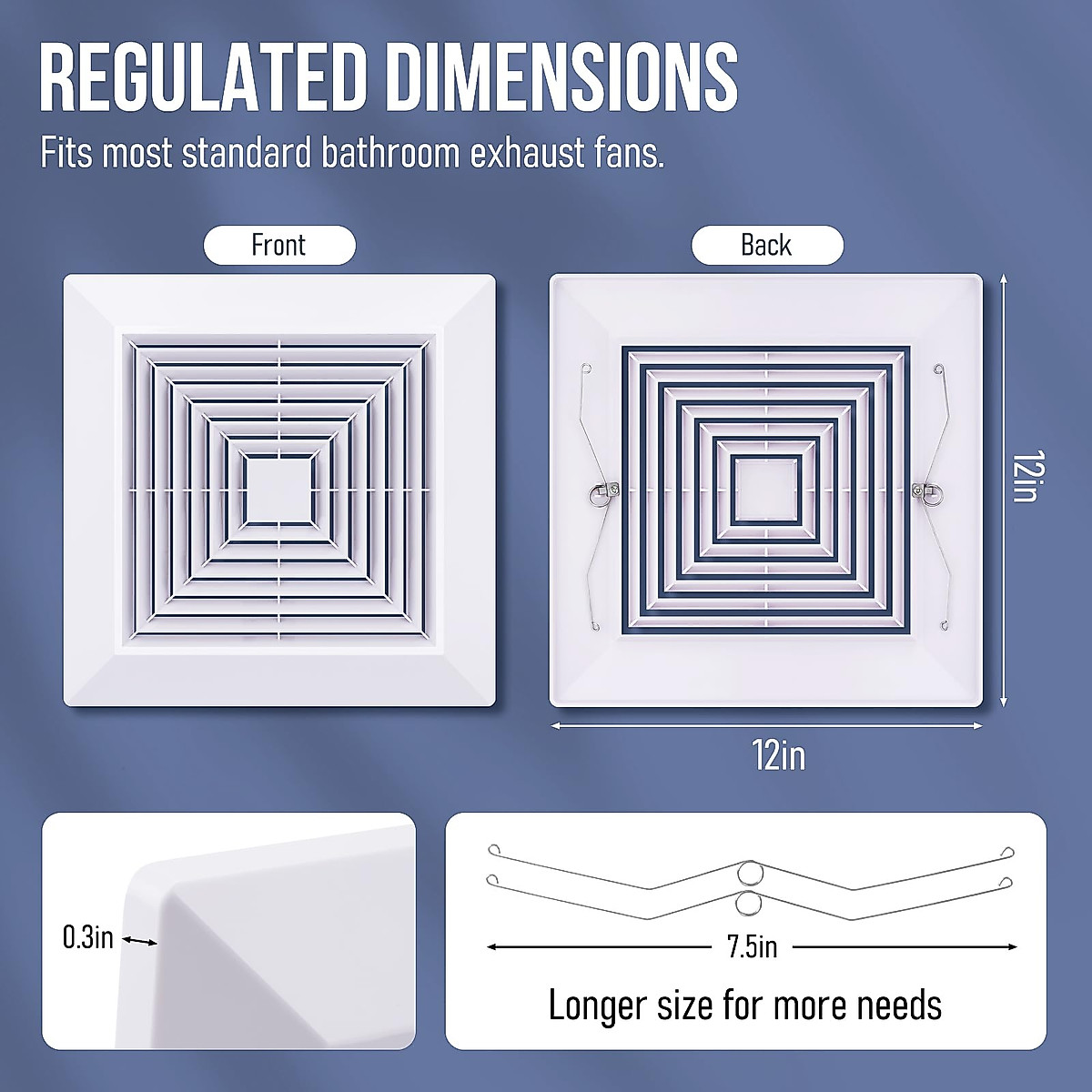 BQMEZRNUS Bathroom Exhaust Fan Cover White Bathroom Ceiling Fan Grille with Springs Replacement for Square Ceiling, Wall-Mount Exhaust Fan, Bathroom Ceiling Fan Grille, Air Diverter (12x12 Inches)