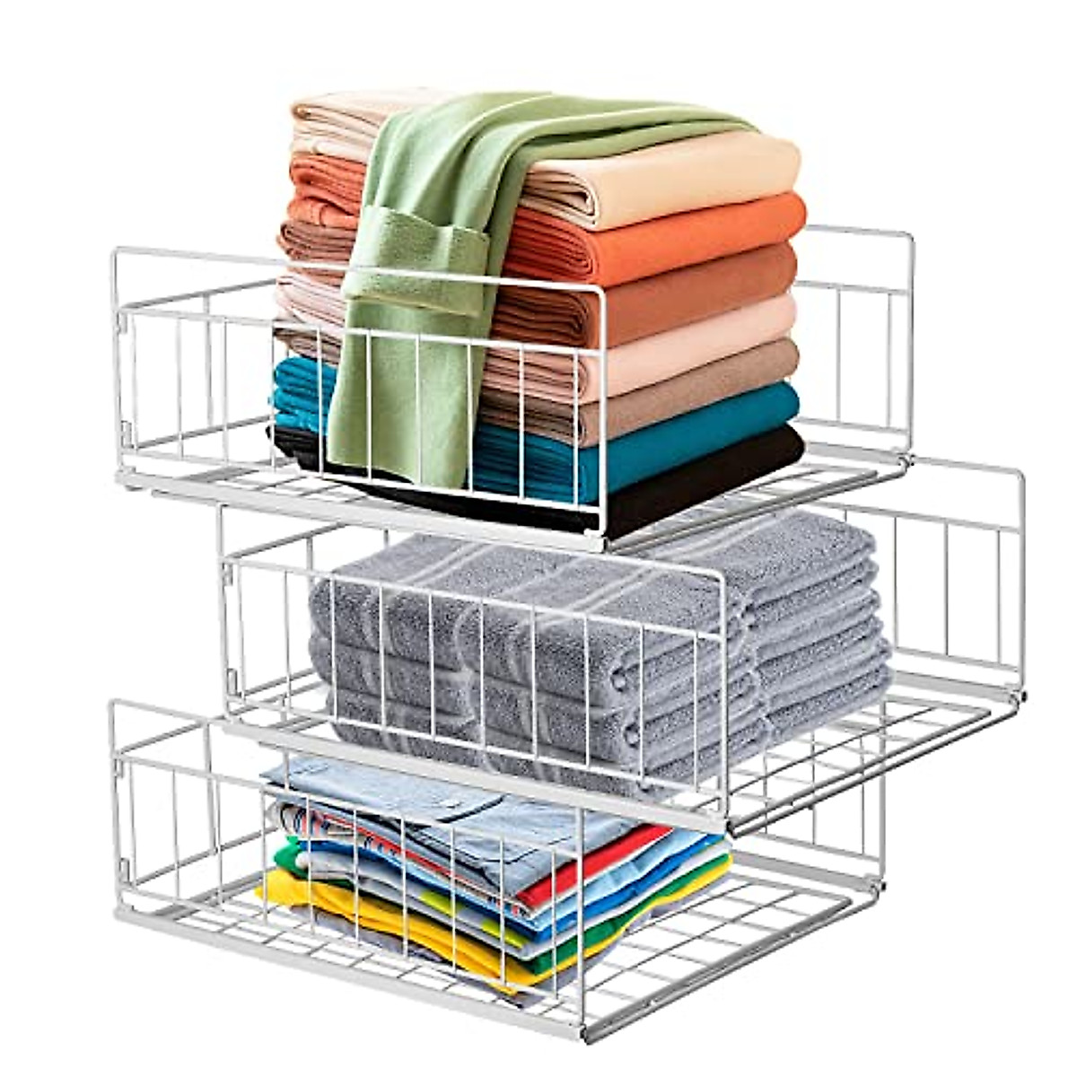 3-Tier Sliding Closet Organizers and Drawer,Storage Shelves for Clothes,Collapsible Stackable Storage Baskets Bins,Clothes Organizer Containers Wardrobe Locker, Metal Drawer Shelf,Cupboard Organizer for Clothes(White)