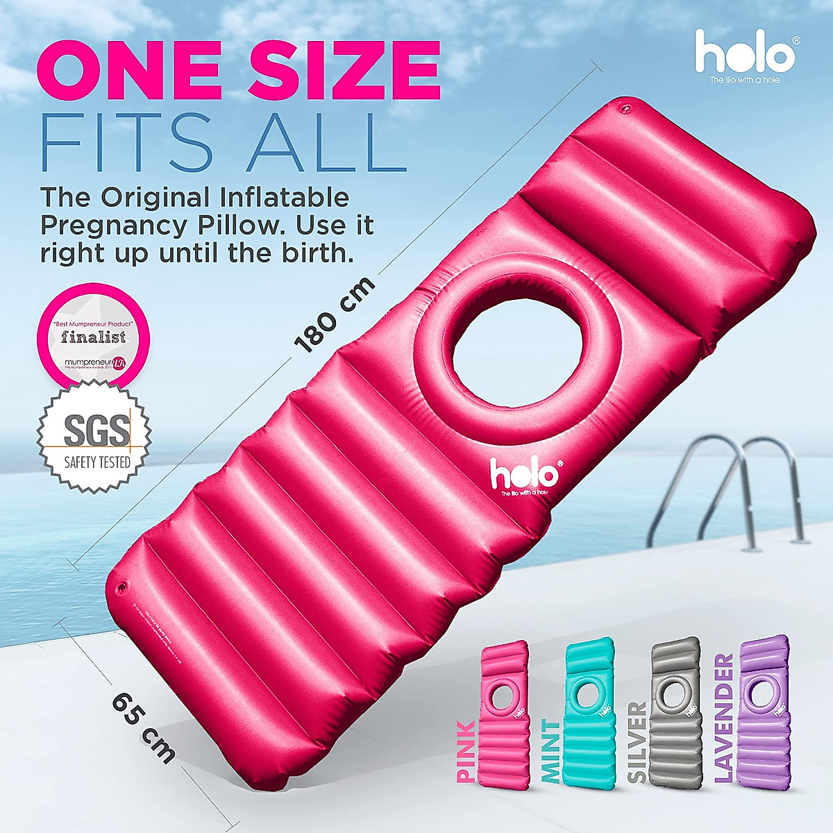 HOLO The Original Inflatable Pregnancy Pillow - Full Body Maternity Airbed/Float with Hole for Tummy - for Ultimate Sleeping Support & Comfort - Say Goodbye to Pregnancy Related Aches and Pains (Pink)