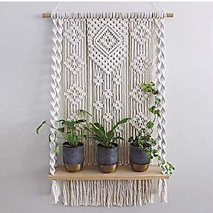 YuanKanJu Macrame Wall Hanging Shelf Bohemian Wall Decor Macrame Shelf Handmade Cotton Wood Hanging Shelf Organizer Hanger Bohemian Wall Decor Bohoboho Shelves (#4)