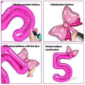 Cadeya Bow Number 5 Birthday Balloons, 40”Hot Pink Aluminum Foil Balloons for Girl 5th Birthday Party, Kids Theme Party Decoration Supplies