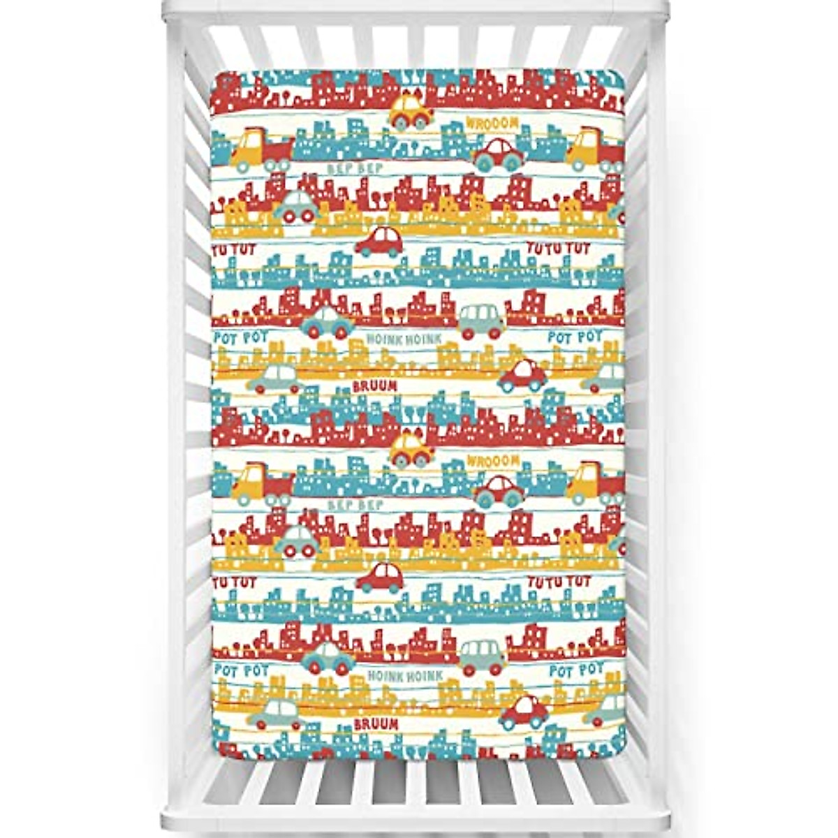 Cars Themed Fitted Crib Sheet,Standard Crib Mattress Fitted Sheet Toddler Bed Mattress Sheets-Crib Mattress Sheet or Toddler Bed Sheet, 28“ x52“,Earth Yellow Pale Blue Red
