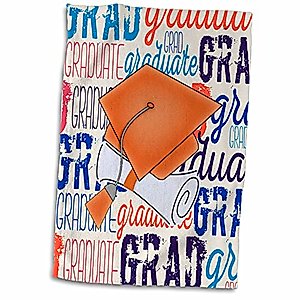 3dRose - Beverly Turner Graduation Design - Bright Orange Graduation Cap and Diploma, Colorful Graduation Words - Towels (twl-255982-1), 15" x 22"