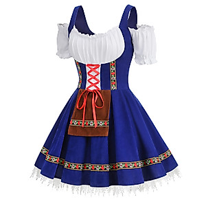 Colorful House Women's Oktoberfest Costume Adult Off-Shoulder Beer Maid Costume for Bavarian Carnival(Blue, Large)