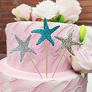 Mybbshower Glitter Paper Starfish Confetti for Birthday Party Table Scatter Beach Theme Party Wedding Decorations DIY Crafts Pack of 150 (teal gold silver)