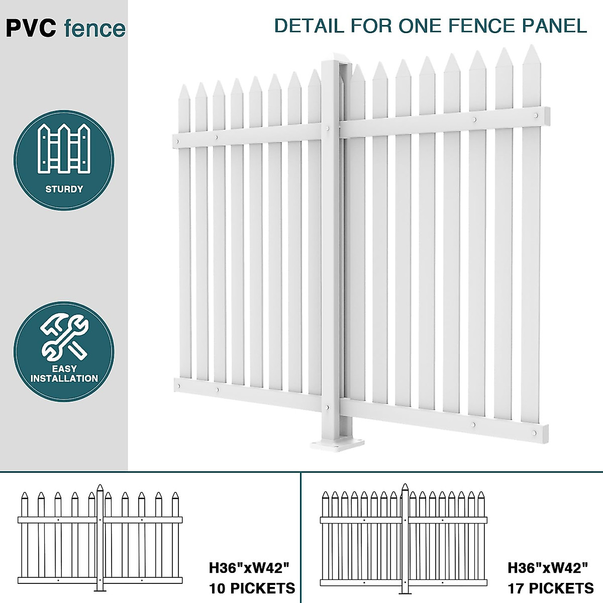 ECOOPTS 36" H x 84" W Vinyl Picket Fence Panels White Decorative Fence for Garden Patio Yard Pool Walkways (34 Pickets, Straight)