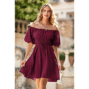 PRETTYGARDEN Women's Off The Shoulder Babydoll Dress Short Puff Sleeve Casual A Line Ruffle Summer Dresses (Solid Wine Red,Large)