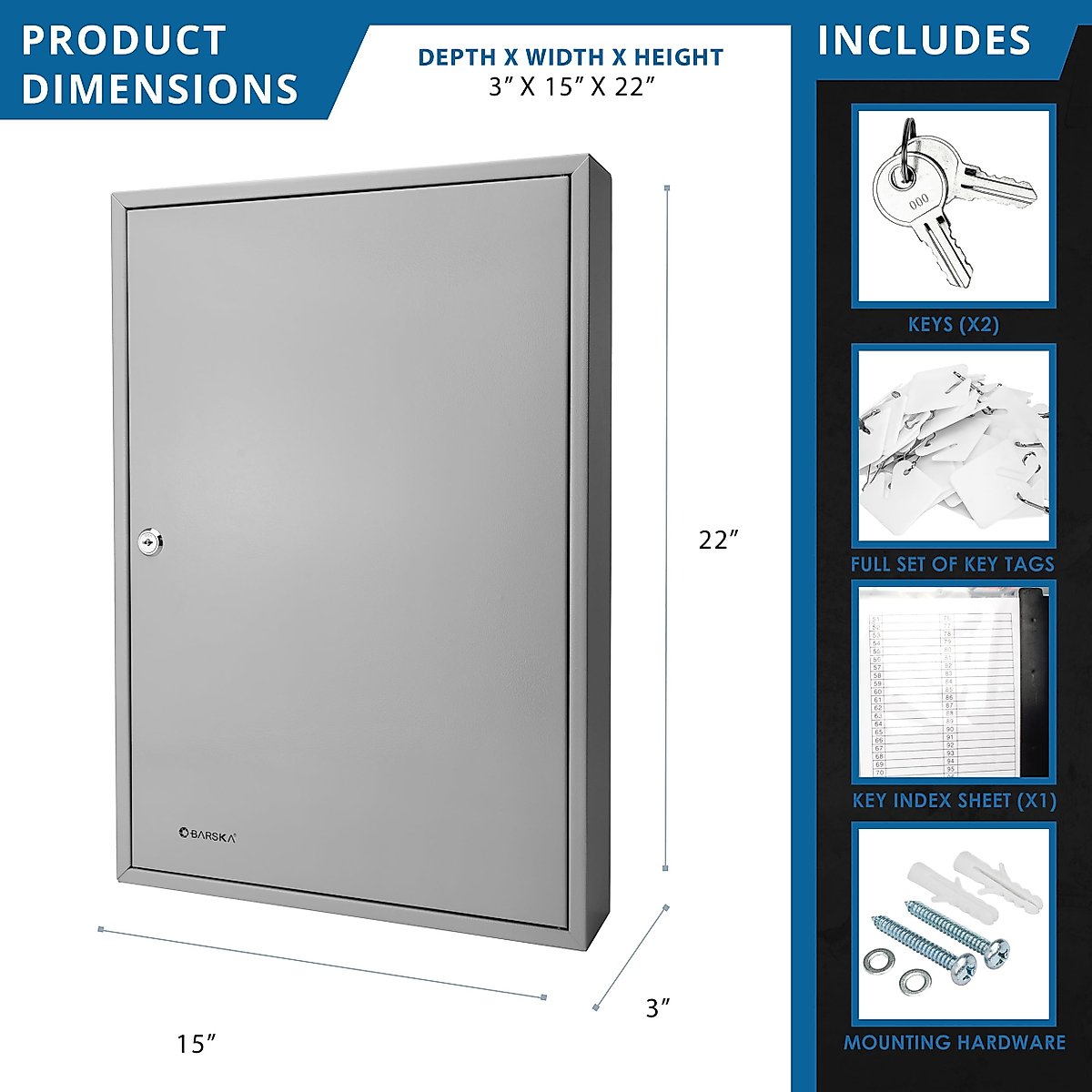 Barska Key Lock Key Cabinet Lock Box with Numbered Hooks and Tags - 160 POSITION - WHITE TAGS