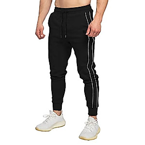 BROKIG Men Double Whitelines Athletic Open Bottom Sweatpants,Casual Workout Lounge Pants with Zipper Pockets,Slim Fit Gym Joggers for Men (X-Large, Black)