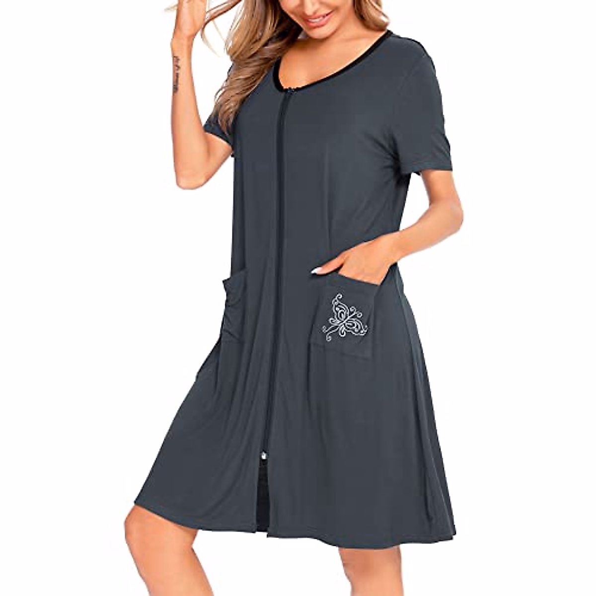 SWOMOG Women Zipper Front House Coat Short House Dress Duster Lightweight Nightwear Summer Bathrobe Knee Length Sleepwear with Pockets