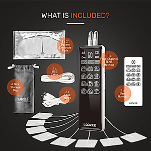 LOOKEE 4-Channel TENS Unit Muscle Stimulator for Pain Relief Therapy - Premium LED EMS Muscle Stimulator with 36 Mode & 40 Intensity Levels - Rechargeable TENS Machine FSA/HSA Eligible