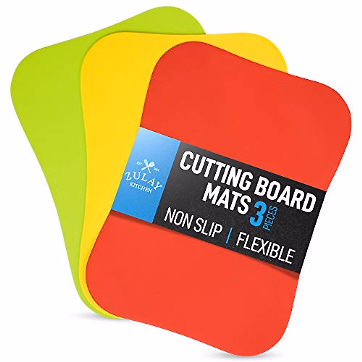 Zulay Kitchen Non-Slip Flexible Cutting Board - Dishwasher Friendly Cutting Mats For Cooking - Thick & Durable Flexible Cutting Mats - Non-Porous Cutting Board Mat Set of 3