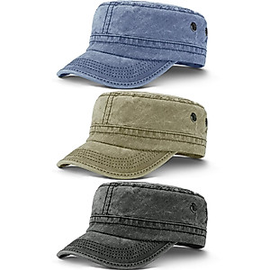 3 Pieces Cadet Army Caps Military Flat Top Caps Washed Cotton Cadet Cap Adjustable Military Style Hat Unisex Baseball Cap (Blue, Black, Army Green)
