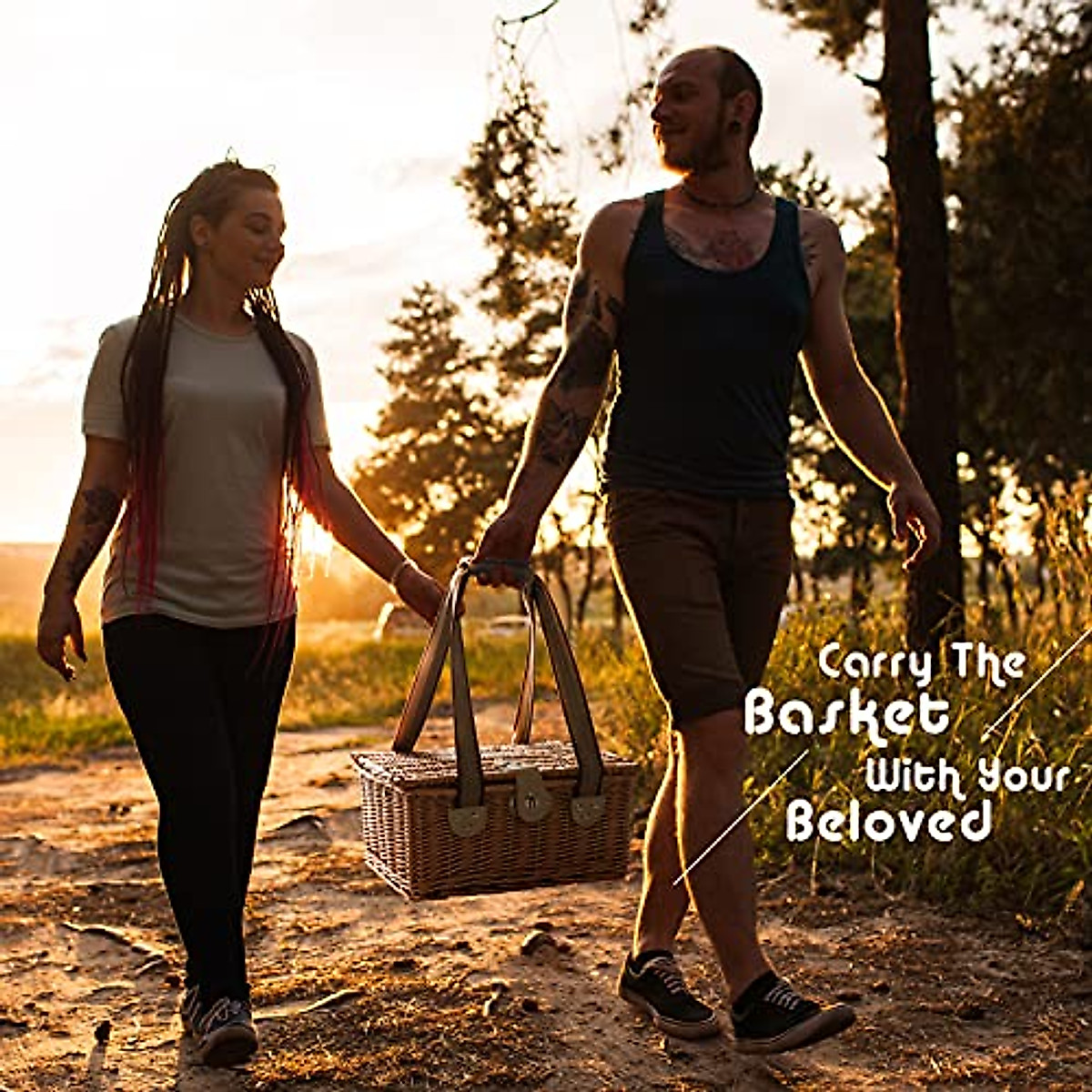 JOLLY HOME Picnic Basket Set For 2 Persons, Willow Picnic Basket With Insulated Cooler & Two Woven Canvas Handles, Handmade Natural Wicker Hamper For Outdoor Picnic Or Camping. Gift For Every Occasion