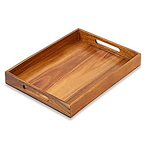 DecoVibe Acacia Wood Serving Tray with Handles - Rustic Wooden Tray for Living Room - Decorative Ottoman Wood Tray - 16" x 12" x 2" Large Food Trays for Ottomans, Coffee Table, Breakfast, Bed, Couch