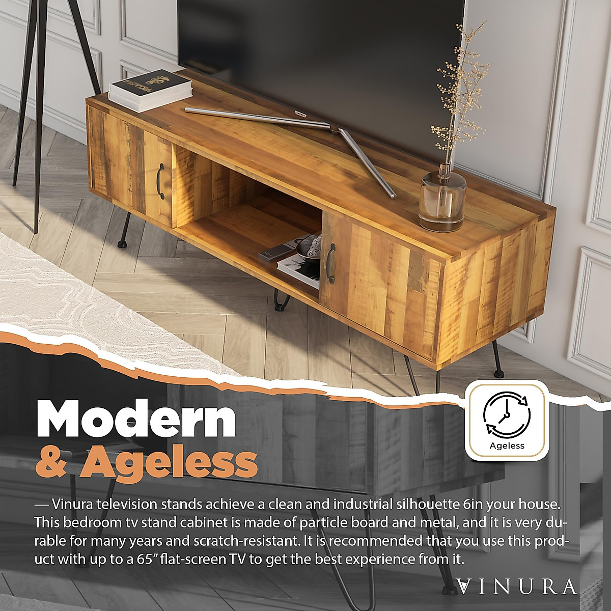 Industrial Media Console Television Stands - Particle Board and Metal TV Stand with Storage - TV & Media Furniture in Brown - TV Stand for 65 Inch TV for Living Room - Home Entertainment Center