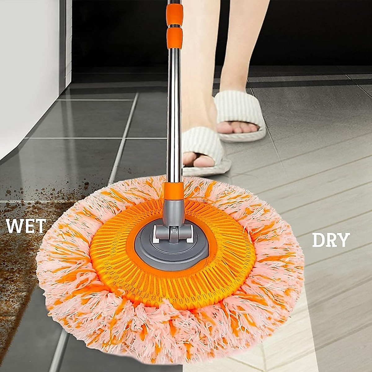 Presencte Mop - 360° Rotatable Adjustable Cleaning Mop, Wall Cleaning Mop, 2 in 1 Dehydrated Rotating Mops, Microfiber Dust Removal Mop, Round Mop for Bathroom Floor Wall (1.5m, 2 mop Head)