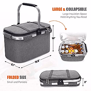 HappyPicnic Cooler Tote Bag 26L, Collapsible Picnic Basket Cooler with Aluminium Handle for Food, Shopping Grocery, Work or Outdoor Hiking Men Woman
