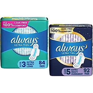Always Ultra Thin Feminine Pads for Women Day/Night Bundle - Size 3, Extra Heavy Long Absorbency, 84 Count and Size 5, Extra Heavy Overnight Absorbency, 92ct (176 Total Pads)