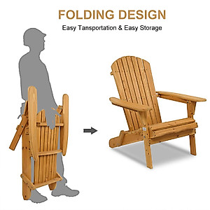 VINGLI Folding Wooden Adirondack Chair Set of 2 and Table Set, Fire Pit Seating Ergonomic Design, Folding Outdoor Patio Lounger Armchair Lawn Chairs Furniture w/Natural Finish, for Beach, Balcony