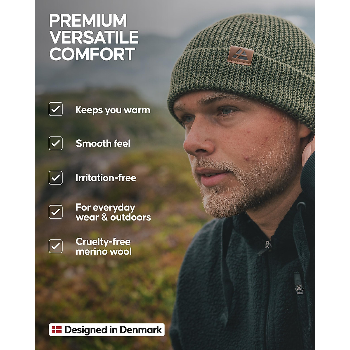 DANISH ENDURANCE Merino Wool Beanie for Men & Women, Knitted Winter Hat, Green, One Size