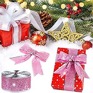 Christmas Glitter Wired Ribbon Xmas Wrapping Ribbon,2"x25 Yards Glitter Wide Ribbon Swirl Metallic Wired Edge Ribbon,Curling Wired Shimmer Glitter Ribbon for Home Decor,Gift Wrapping,DIY Crafts,Pink