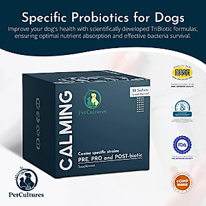 PetCultures Calm PRO: Calming Care for Dogs, Anxiety and Stress Relief Supplements with L-Tryptophan & Probiotics for Dogs, USA-Made Powder, Dog Probiotics, Dog Anxiety Relief, 30 pk