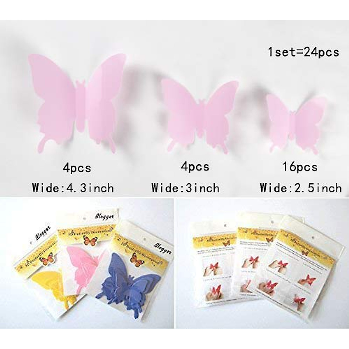 24pcs 3D Butterfly Removable Mural Stickers Wall Stickers Decal for Home and Room Decoration (Pink)