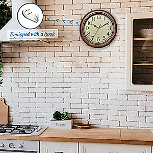 Wood Wall Clock with Retro Design, 12 Inch Round, Big Arabic Numerals, for Living Room Kitchen Classroom Gym and Pool, Brown