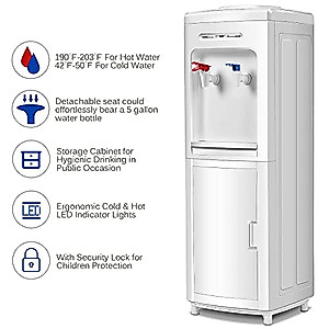 KOTEK Water Coolers Water Dispenser, Hot & Cold Top Loading Water Cooler Dispenser Holds 3 or 5 Gallon Bottles w/ Child Safety Lock, Removable Drip Tray & Storage Cabinet for Home Office School, White