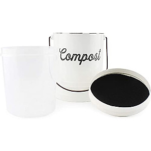 AuldHome White Enamelware Compost Bin, Farmhouse Compost Can Set with Lid and Charcoal Filters, 1.3 Gallon