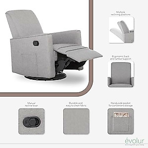 Evolur Raleigh Glider in Light Grey, Upholstered Plush Seating 360° Swivel Glider Rocking Chair, FSC Certified, Greenguard Gold & JPMA Certified Nursery Glider Recliner