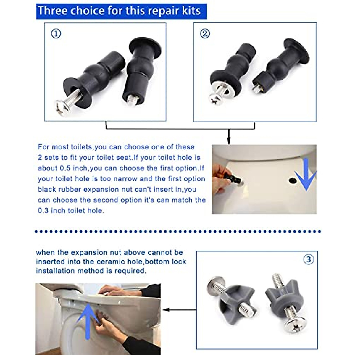 3 Pairs Toilet Seats Screw, Universal Toilet Seat Bolts, Top Fix Nuts Screws Bottom Mount Anchor Nut 1/4-20 Toilet Seat Screws Replacement Parts Fit for Kohler