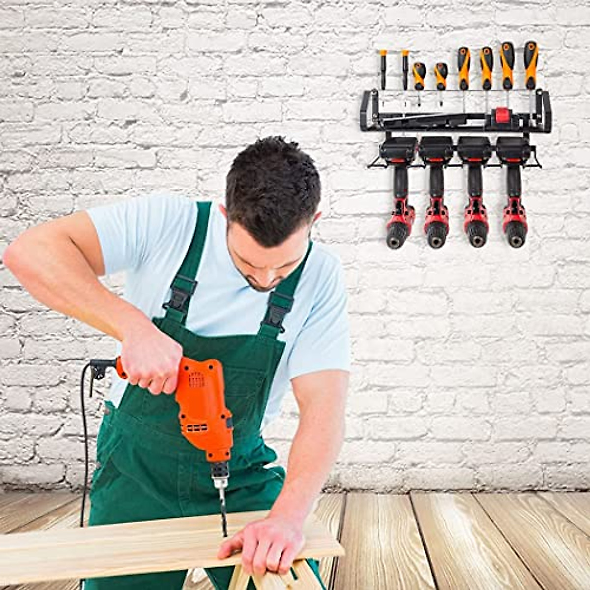 Bi Fang Power Tool Organizer, Storage Rack for Garage Organization, Wall Mount Cordless Drill Holder and Battery Shelf, Tools Shelves with Charging Station