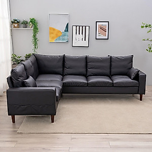 Panana 6 Seats Fuax Leather Large SECTIONAL Corner Sofa Settee - Sofa for Living Room-Left/Right-Hand Side Sofas, Black