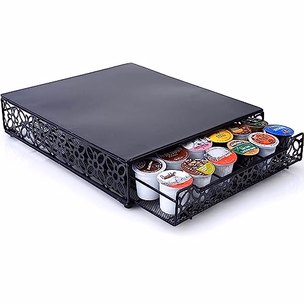 Home-It K Cup Holder for Counter - Storage Drawer for Keurig K-Cup Coffee Pod Organizer - Metal Designed K-Cup Storage, 42 Pod Capacity Compact Under Coffee Pot