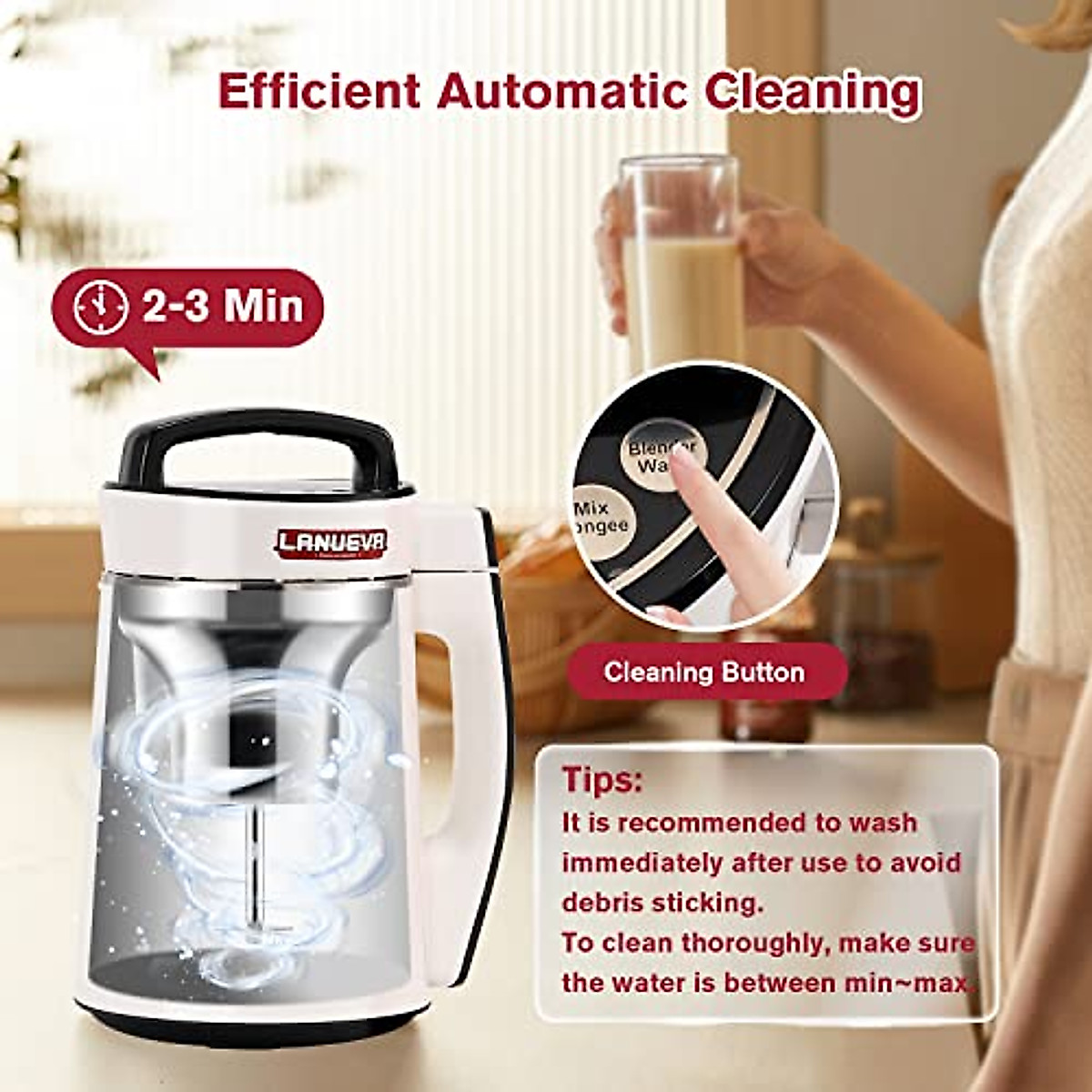 LANUEVA Soy Milk Maker Machine 1.3L/44OZ, 8 In 1 Nut Milk Maker for Dry Wet Soybean, Almond Milk, Vegan Nut Milk, Oat Milk, Smoothies, Porridge, Paste, Juice, Self-Cleaning, Include Recipe, 110V