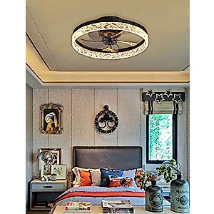 QUMFIXPU 20" Round Flush Mount Ceiling Fan with Lights, Modern Dimmable LED Low Profile Fan, Hidden Reversible Blades, Multi-Speed and Timing with Remote Control (Black)…