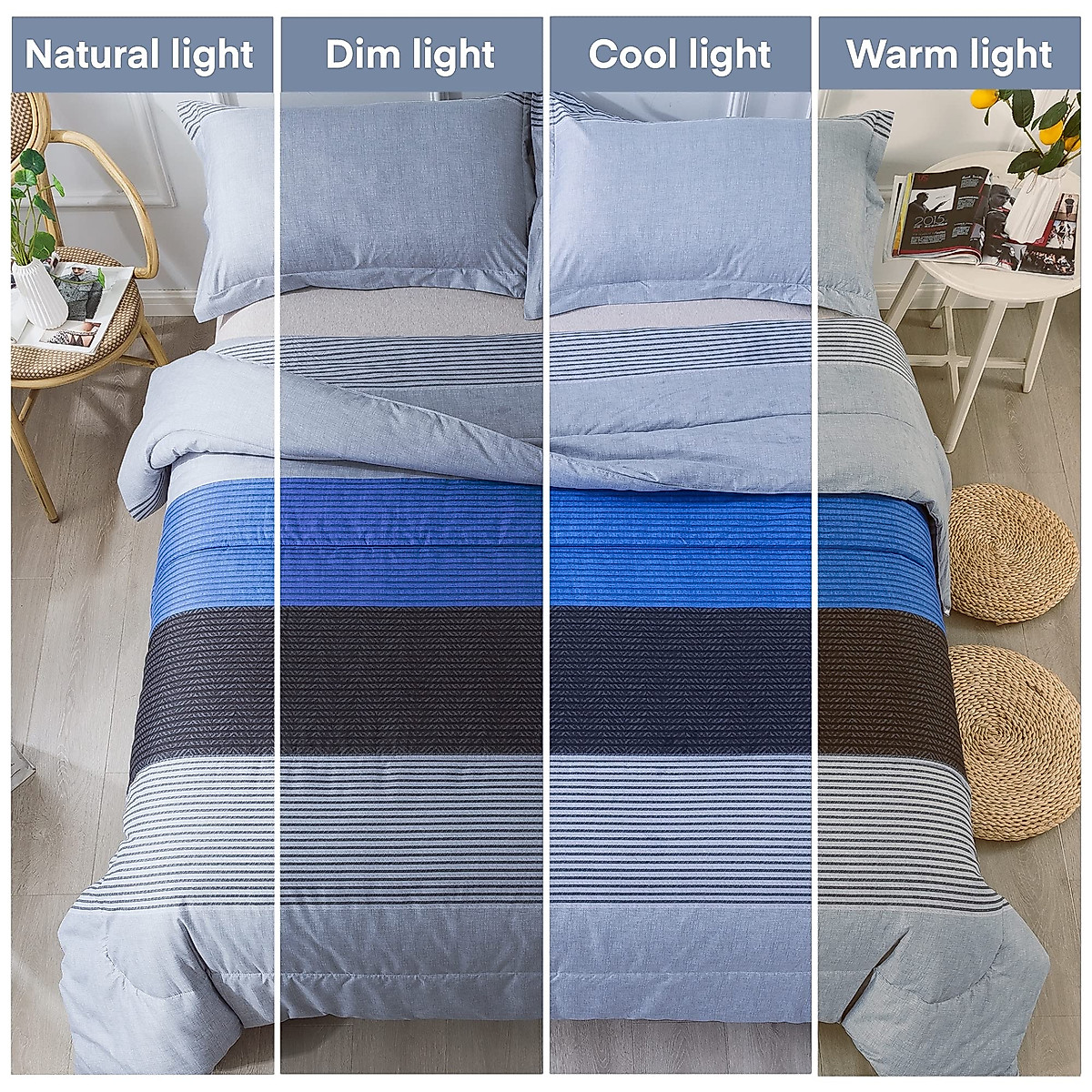 Andency Twin Comforter Set Blue (66x90 Inch), 2 Pieces Patchwork Striped Comforter Bed Sets for Boys, Soft Microfiber Down Alternative Comforter Bedding Set with Corner Loops