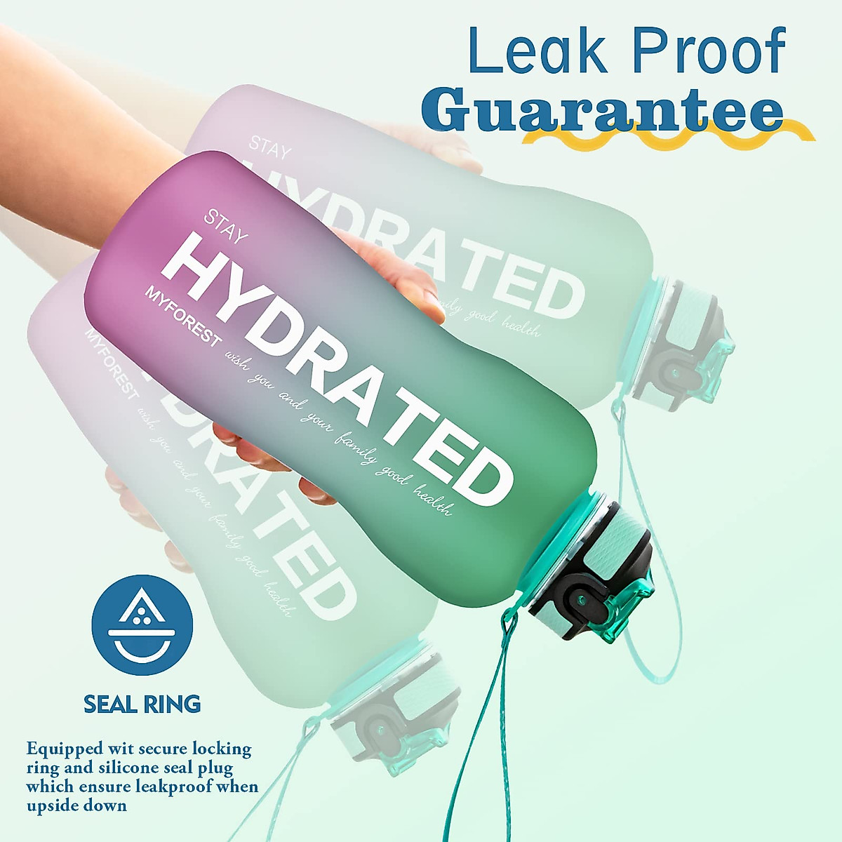 MYFOREST 64oz Water Bottle, Time Marker for Motivational Hydration, Drop-proof, BPA-free, Nozzle/Straw/Carry-Strap/Wide-Mouth for Easy Clean - 1900mL Large Sports Jug