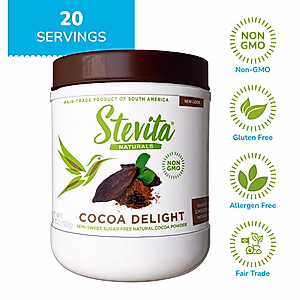 Stevita Cocoa Delight - 4.2 oz - Natural Cocoa Powder with Stevia - For Hot Cocoa, Smoothies, Desserts & Recipes - Non-GMO, Vegan, Keto, Paleo, Gluten Free - 20 Servings