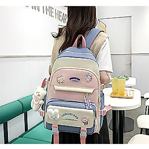 LaurelTree Kawaii Aesthetic Cute 5pcs School Bags Set with Accessories School Suppliers for Teens Girls Backpack Tote Bag (Blue)